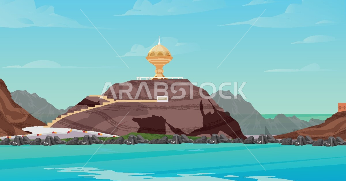 Vector cartoon to design Muttrah Corniche, stroll, walk and enjoy the ...