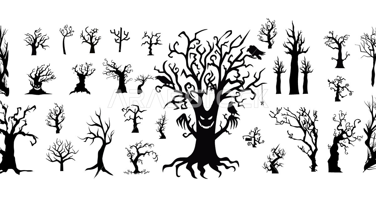 Vector icons icons set, scary tree, ghosts, halloween, white background ...