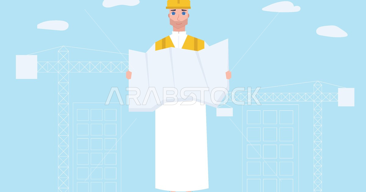 Vector cartoon character, Arab Gulf engineer managing work ...