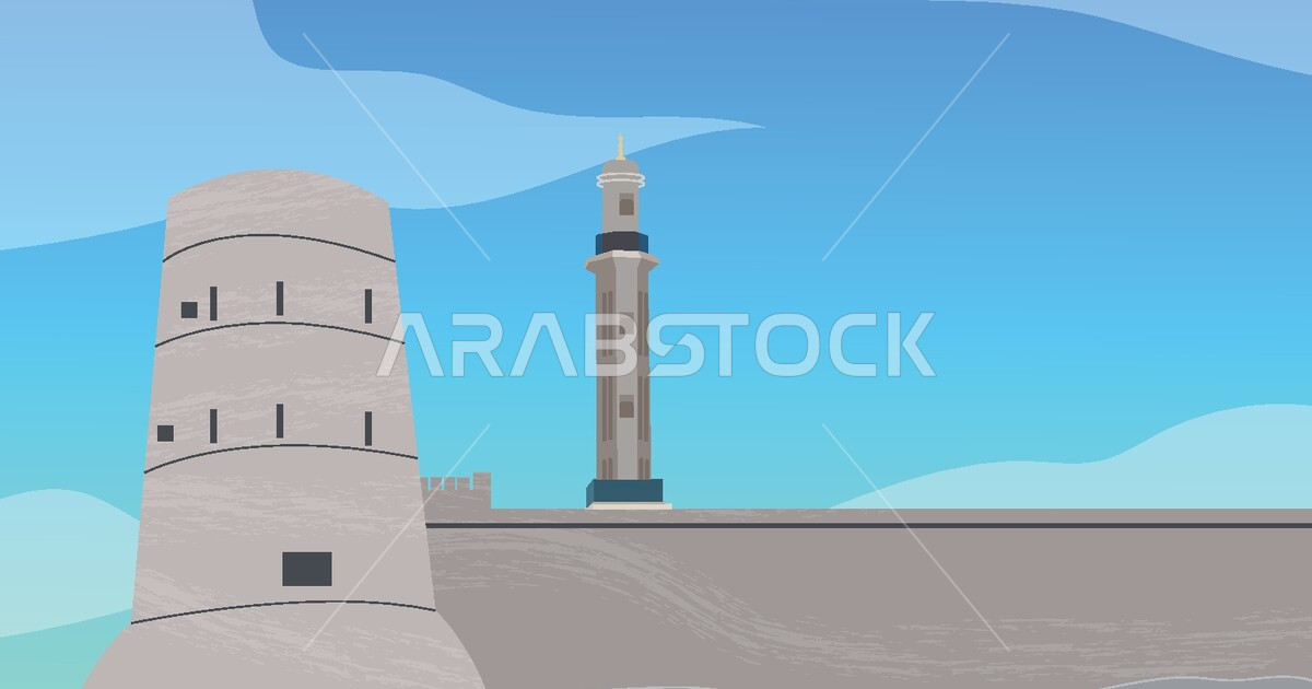 Vector cartoon design, view of an old minaret, the old United Arab ...