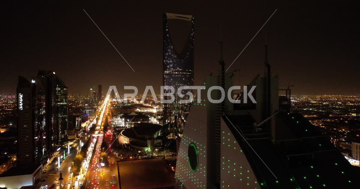 Drone photography of Al Anoud Towers in Riyadh, Saudi Arabia at night ...