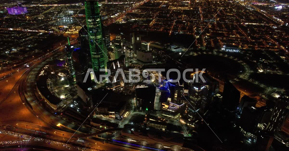 Drone photography of the Riyadh Financial Towers at night, King ...