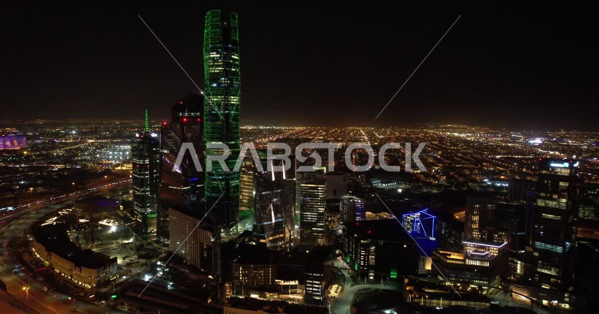 Drone photography of the Riyadh Financial Towers at night, King ...