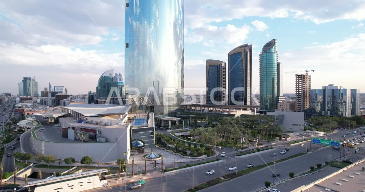 Drone photography of the Kingdom Tower in Riyadh, Saudi Arabia, towers ...