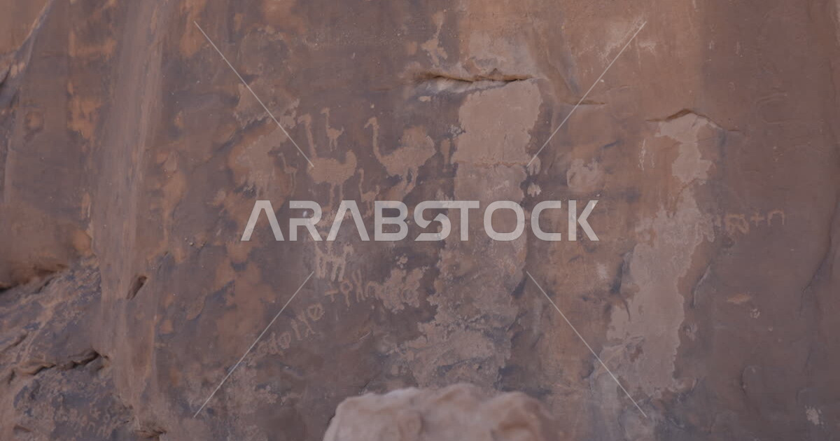 Close-up of historical rock inscriptions and drawings in Hail, Saudi ...