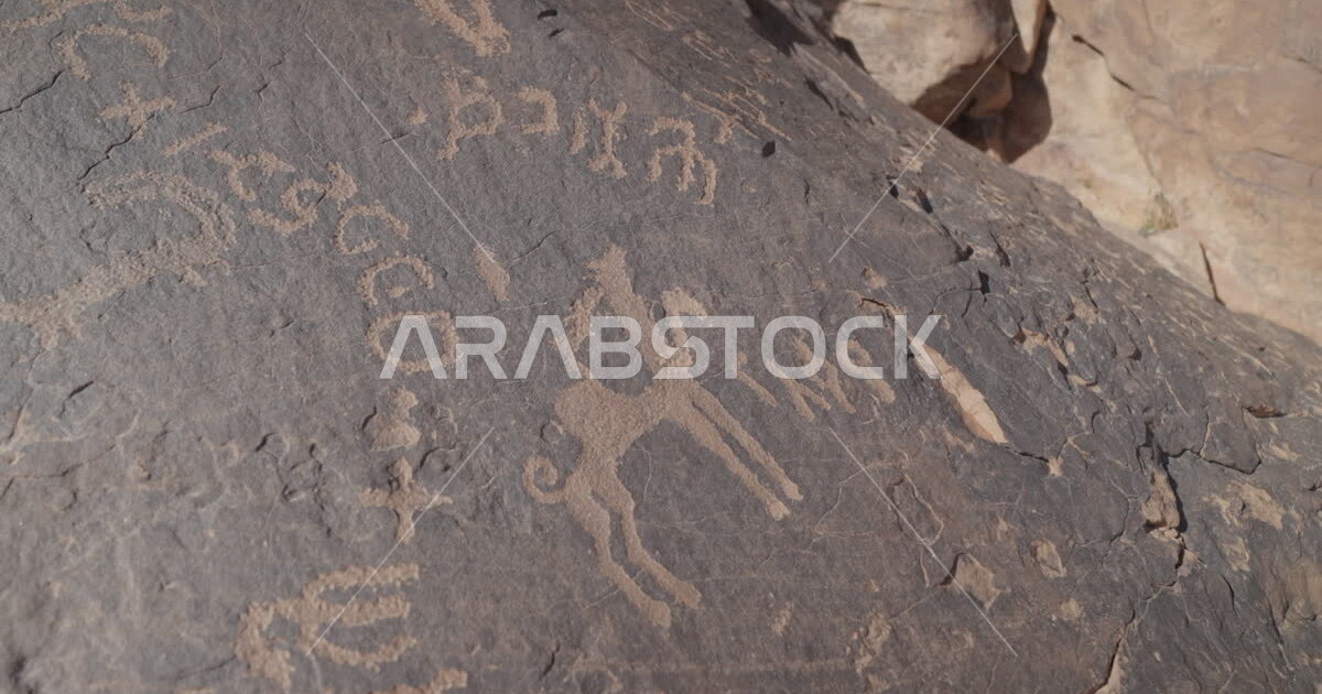Close-up of historical rock inscriptions and drawings, natural rock ...
