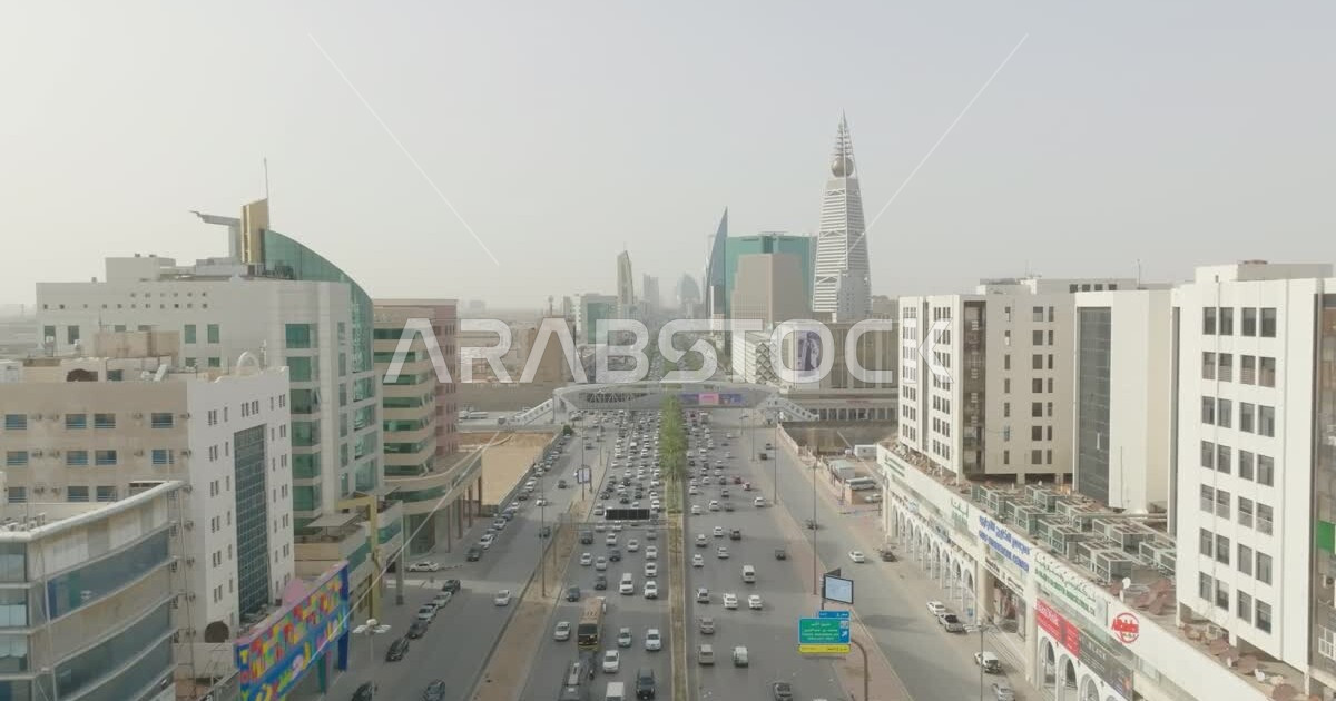Drone photography of King Fahd Road in Riyadh, Saudi Arabia, towers and skyscrapers, car traffic ...
