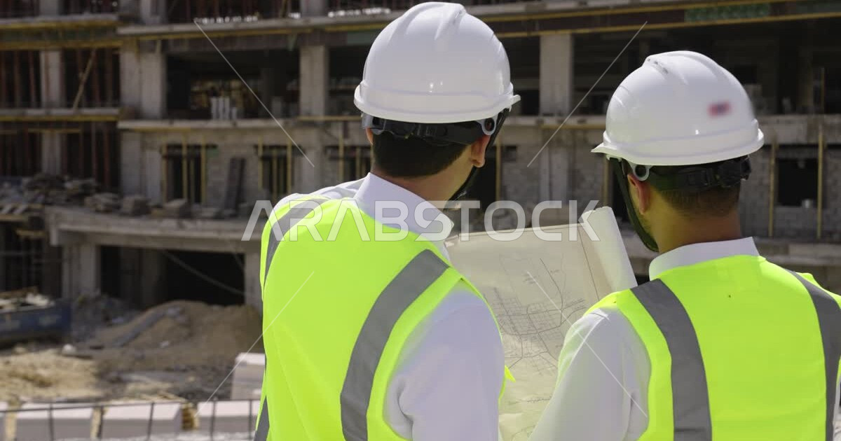 Two Saudi Arabian Gulf engineers standing at the construction site and ...