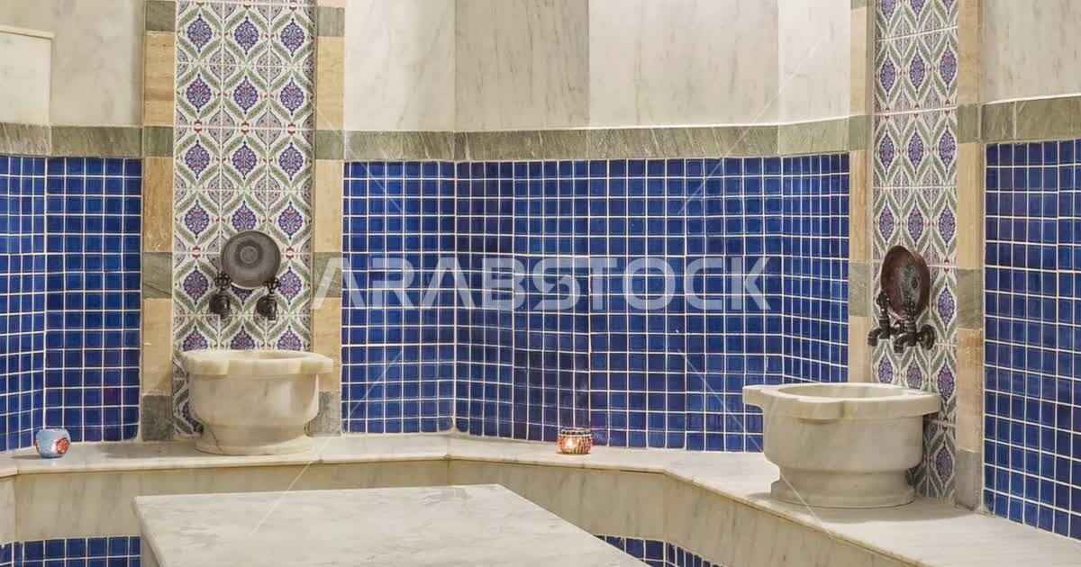 Interior decorations and designs, luxurious Arabic bath, water taps ...