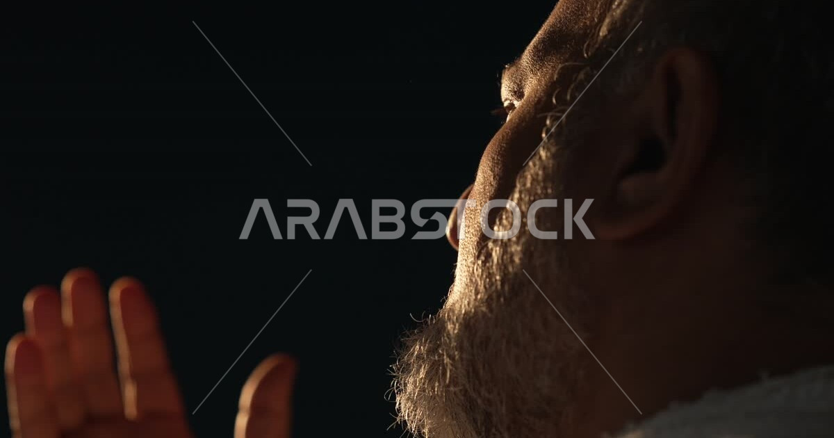 Close-up depiction of an elderly, Muslim, Arab, Saudi, and Gulf man ...