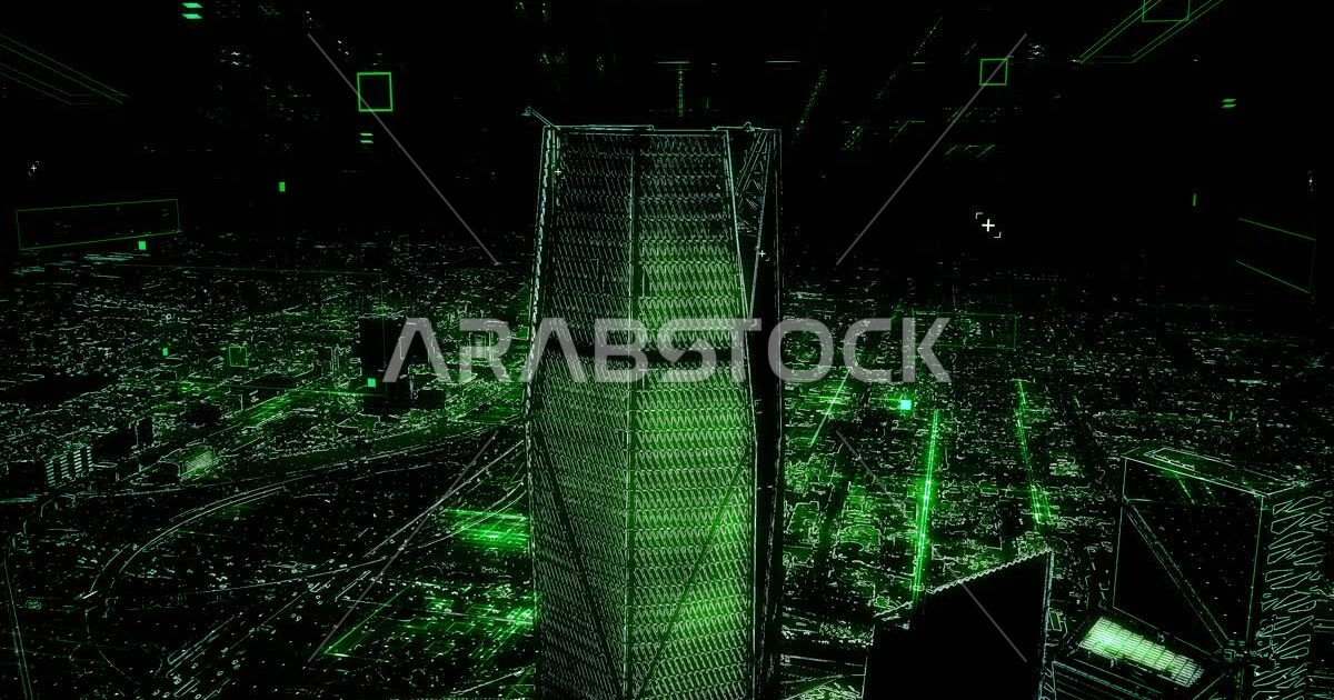 Moving objects in green, a 3D hologram video of the city of Riyadh in ...