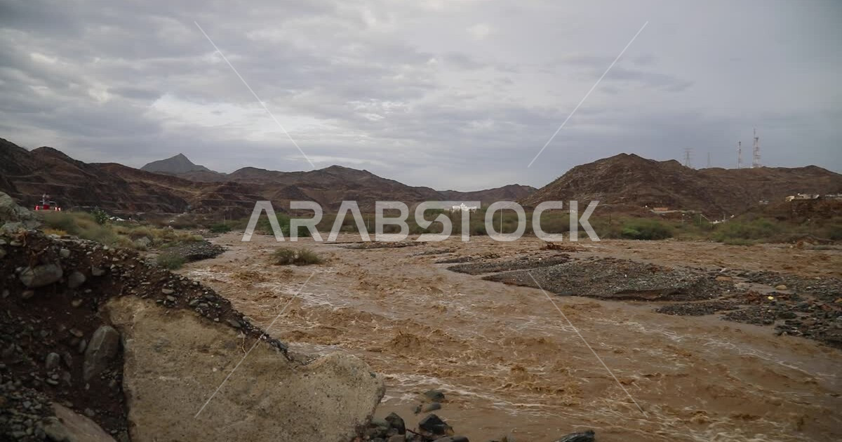 Torrents of rain water in Wadi Dhala in Asir in the Kingdom of Saudi ...
