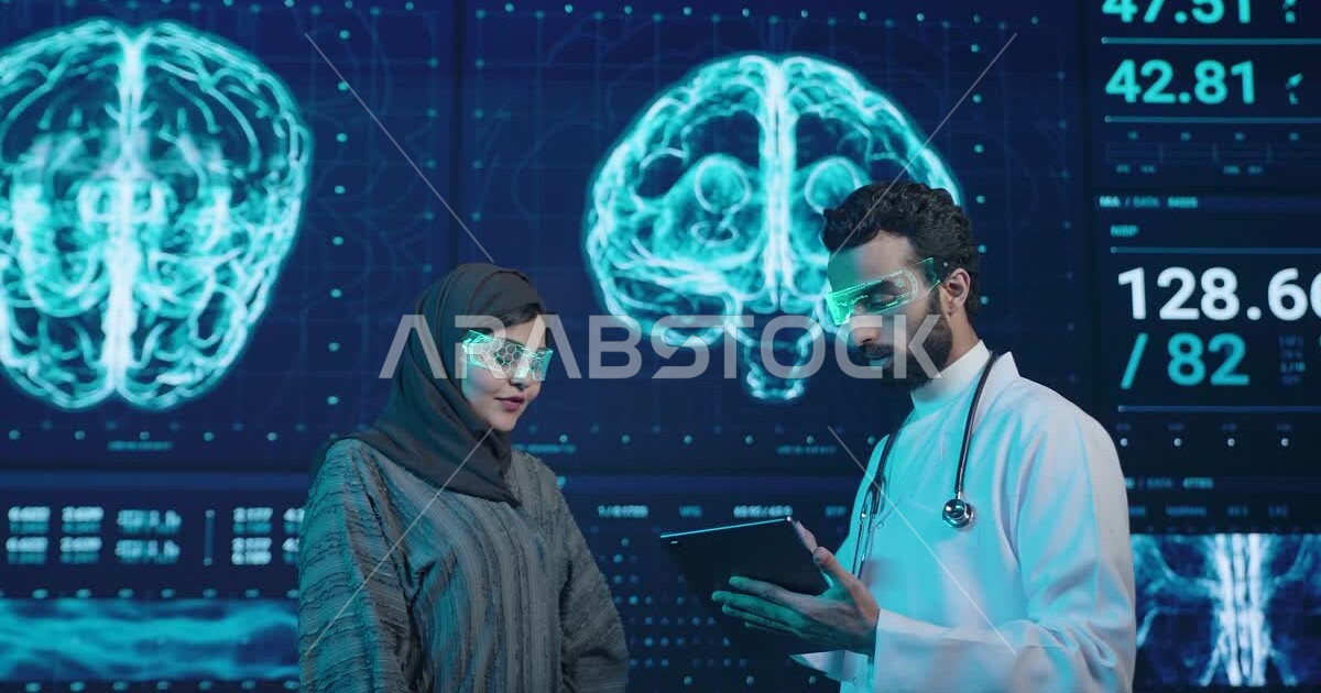 A background of three-dimensional hologram screens of the human brain ...