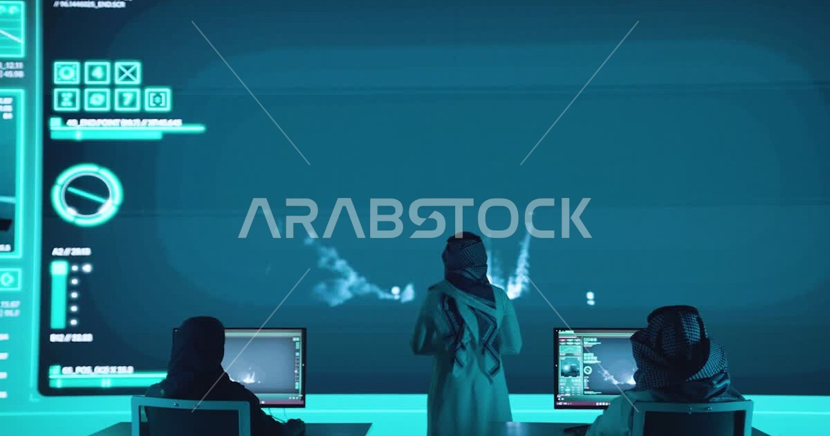 Vision 2030, background of modern screens, photography from behind of a ...