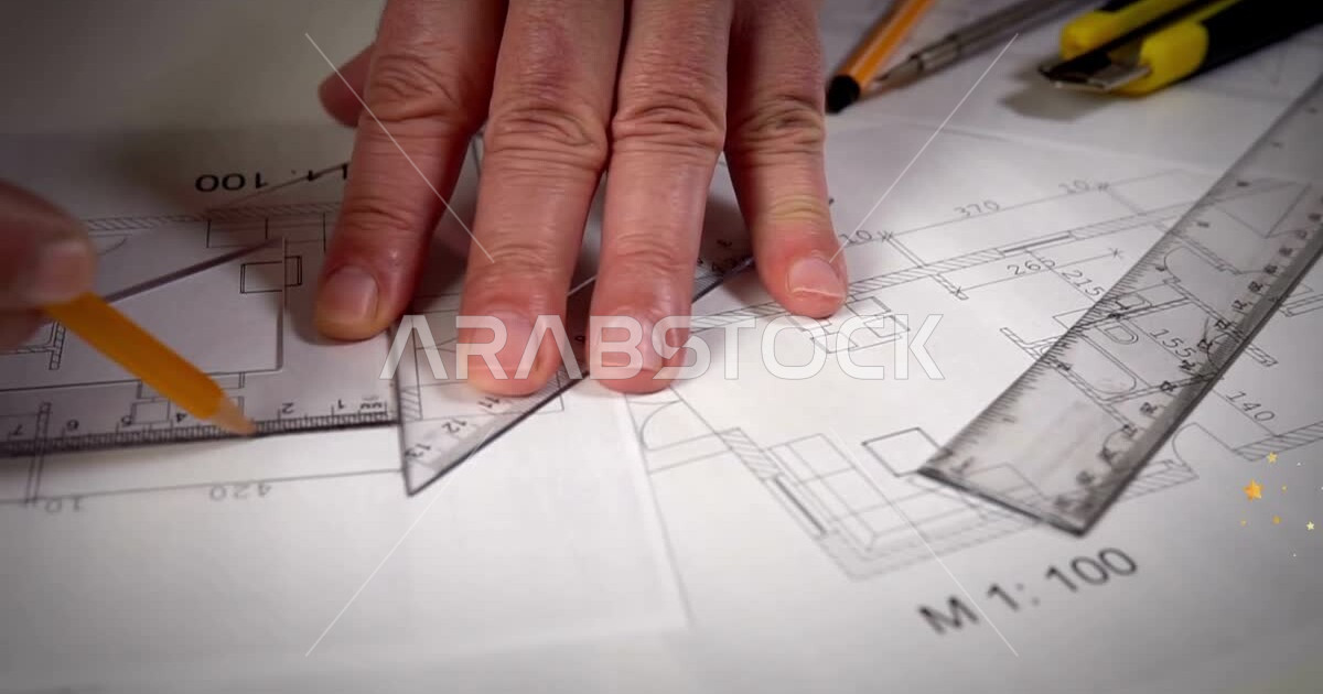 Close-up of an architect drawing an architectural map, using ...