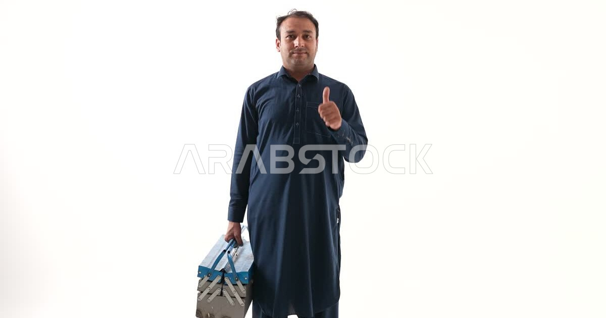 Chroma of a construction worker holding a metal toolbox in his hand and ...