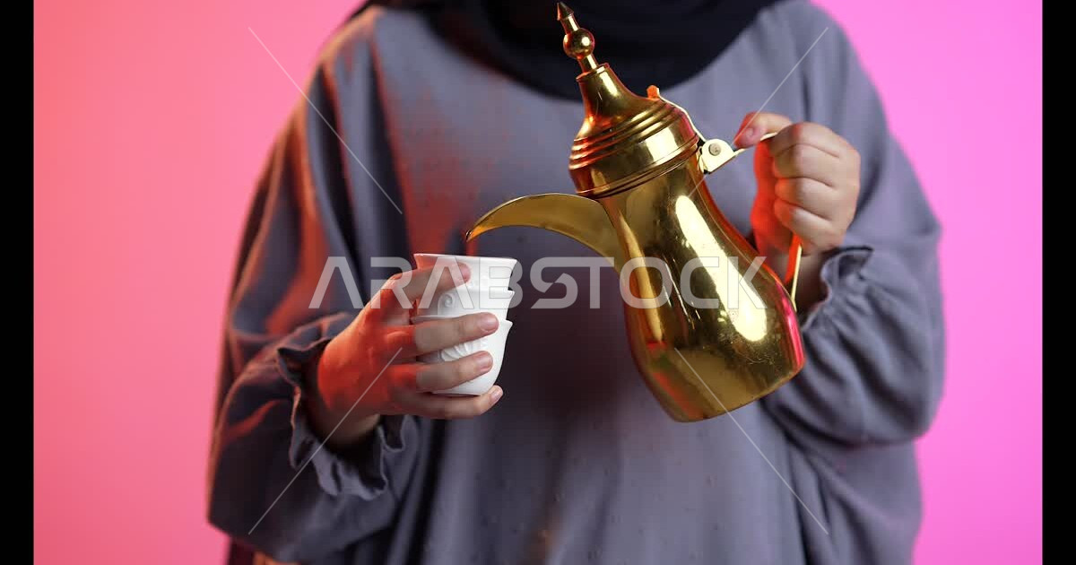 Serving Arabic coffee on holidays and occasions, gestures indicating ...