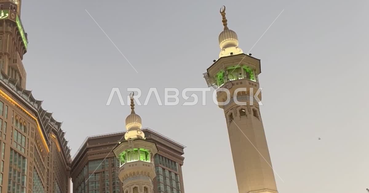 A close-up of the Makkah Royal Clock Tower building in the Grand Mosque ...