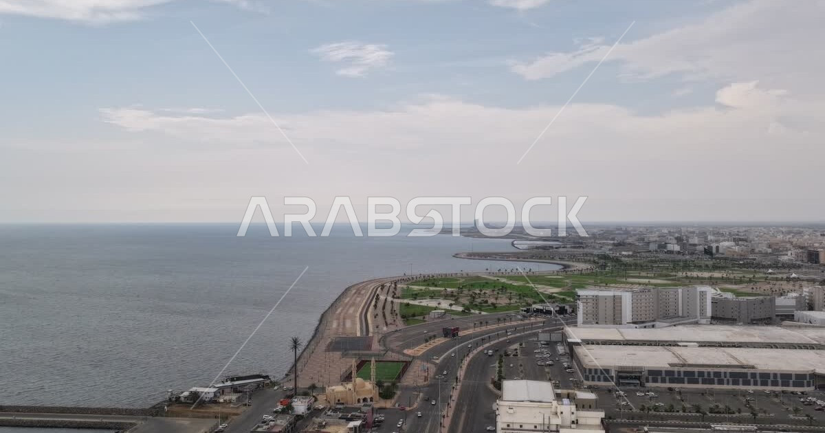 A time-lapse aerial view of the sea front of the city of Jizan, the ...