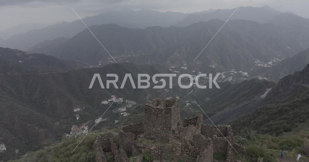 The historical and archaeological Rijal Alma' Castle, aerial ...