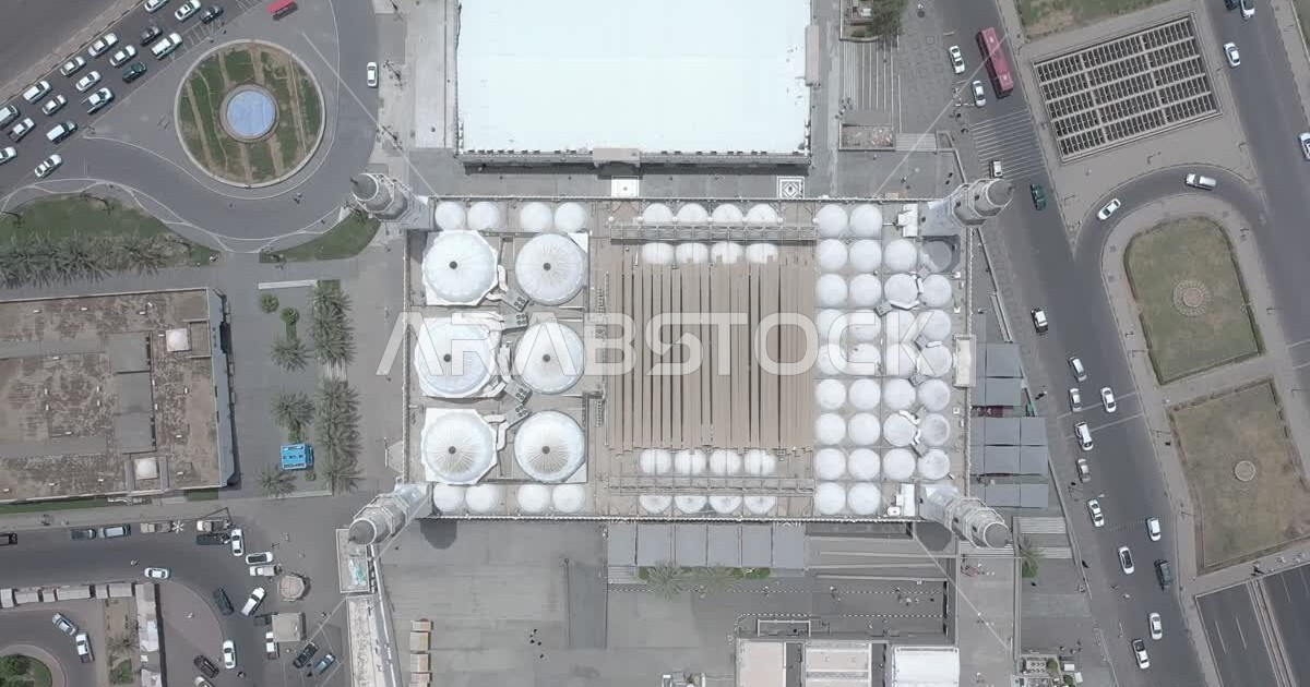 An ancient historical mosque, aerial view of the Quba Mosque in Medina ...