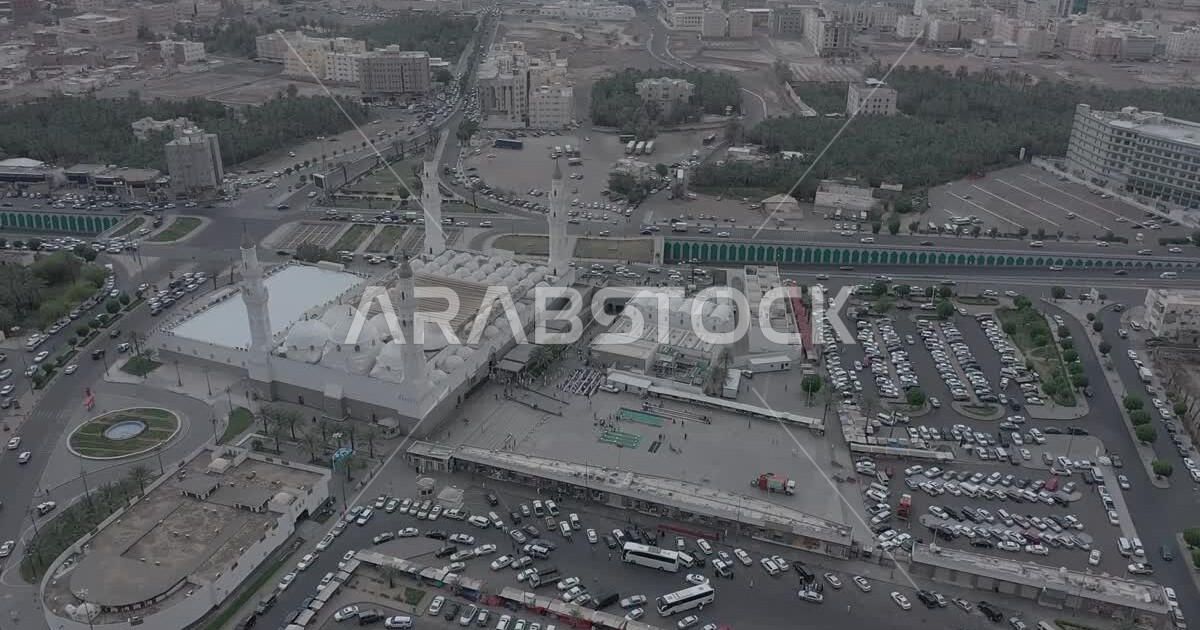 Car traffic in roads and streets, aerial photography of the Quba Mosque ...