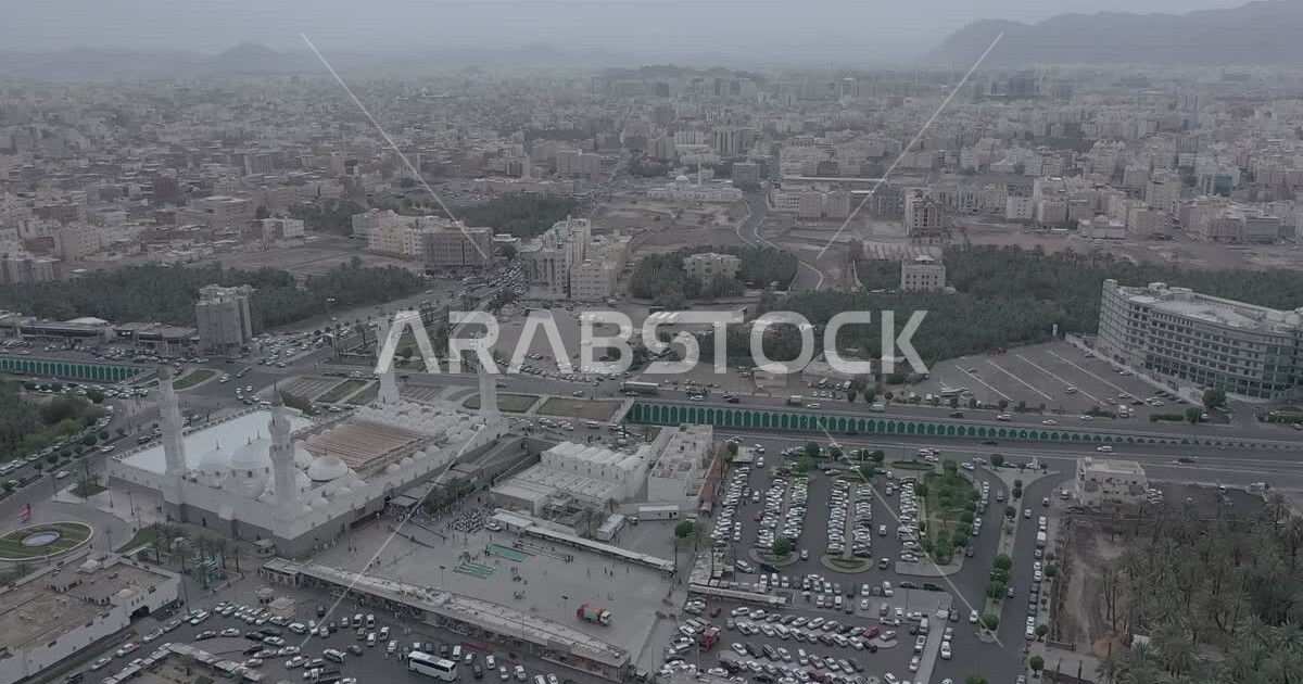 Car traffic, aerial photography of the Quba Mosque in Medina in the ...