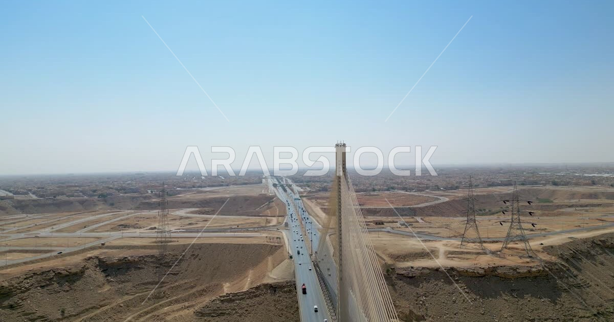 Mountains and sand dunes, drone photography of the Wadi Laban bridge ...
