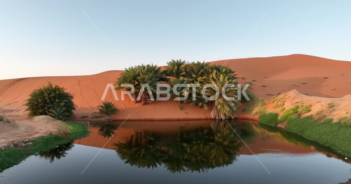 Cultivation of green palm trees, close-up of Brodan Oasis in the Najd ...