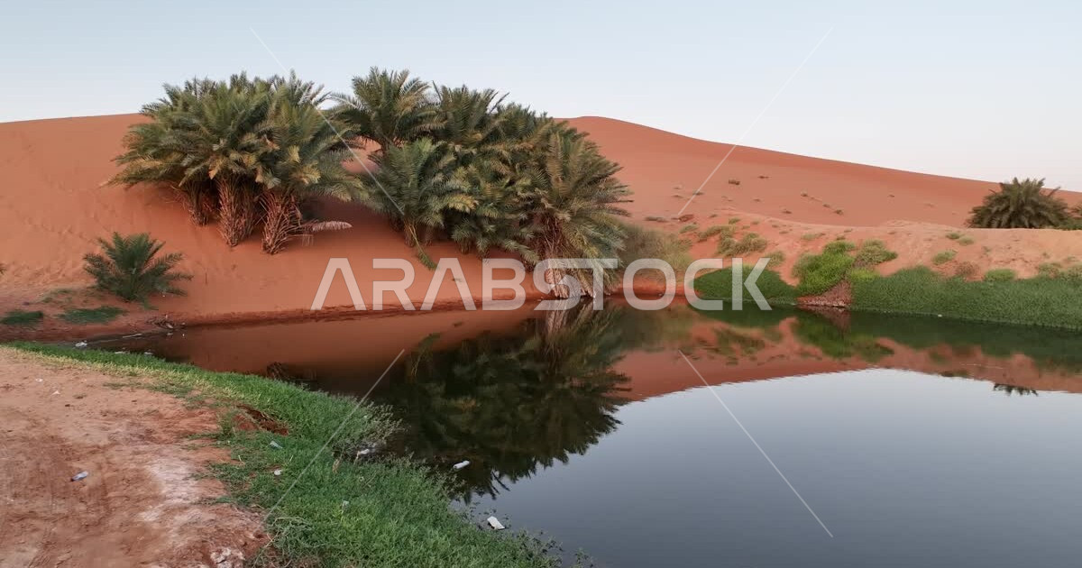 A small lake in the midst of soft golden sand dunes, hills and sandy ...