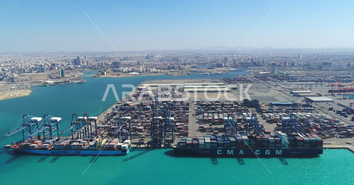 Drone photography of Jeddah Economic Port, giant commercial ships and ...