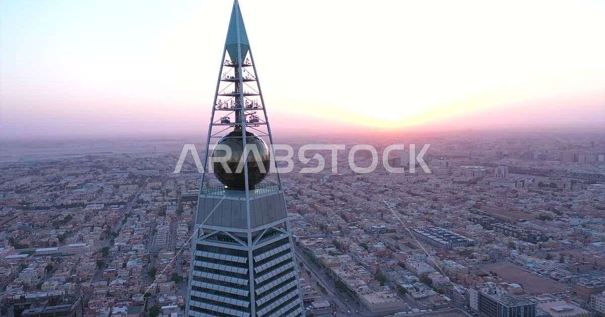 Close-up aerial photography of Al Faisaliah Tower in Riyadh at sunset ...