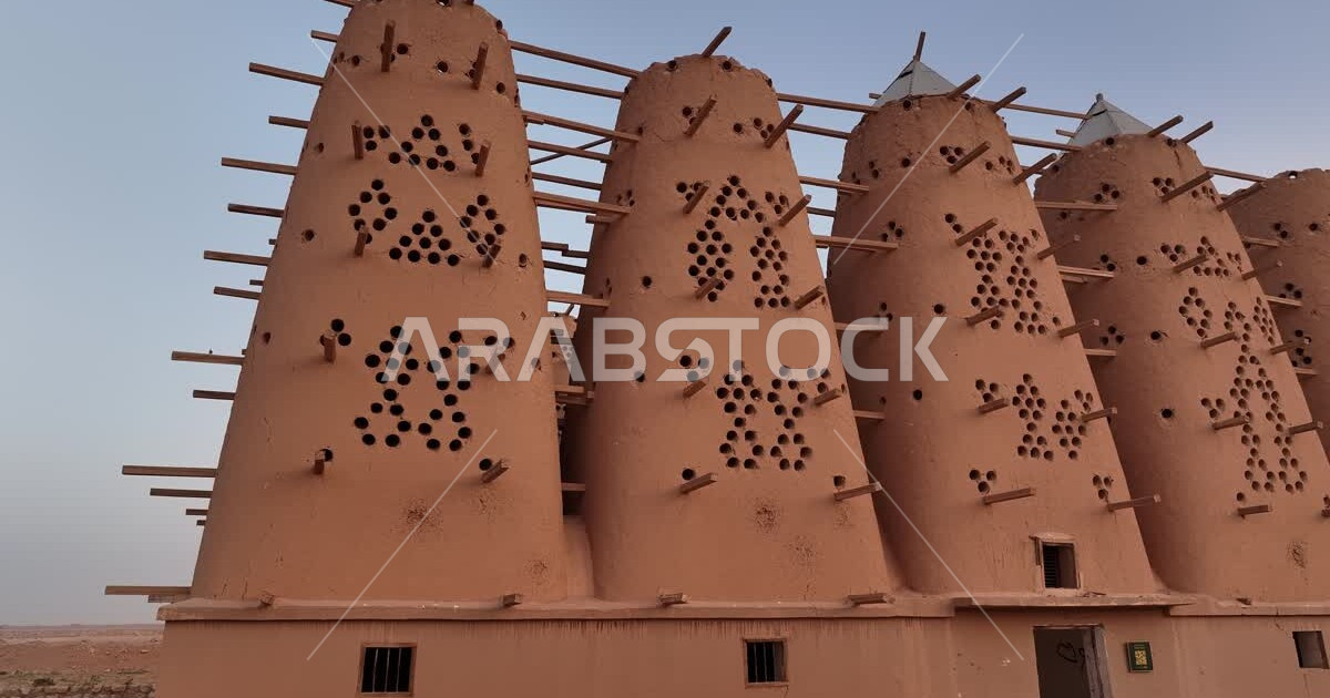 A close-up of pigeon towers in the Al-Dilam governorate in the city of ...