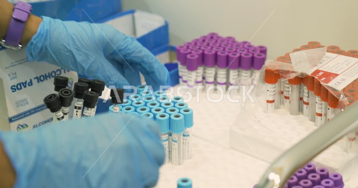 Close-up imaging of laboratory sample tubes, a group of laboratory ...
