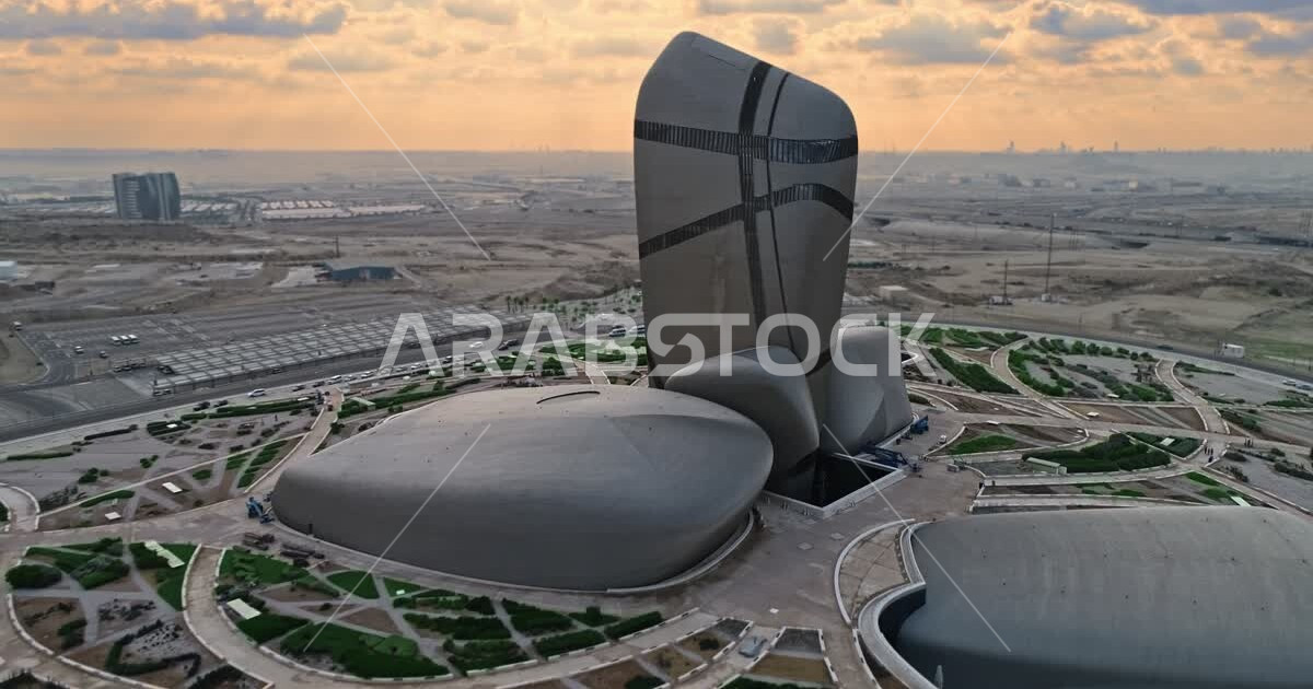 Drone photography of the King Abdulaziz Center for World Culture (Ithra) in the city of Dhahran ...