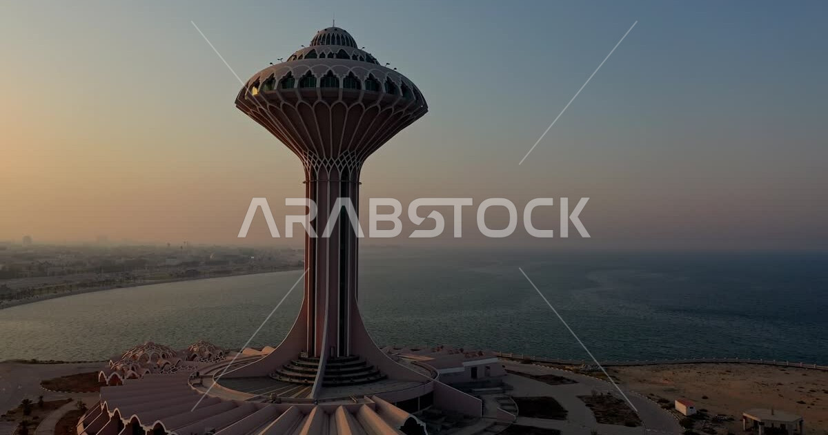 View of the sun disk at sunset, drone photography of the water tower in ...