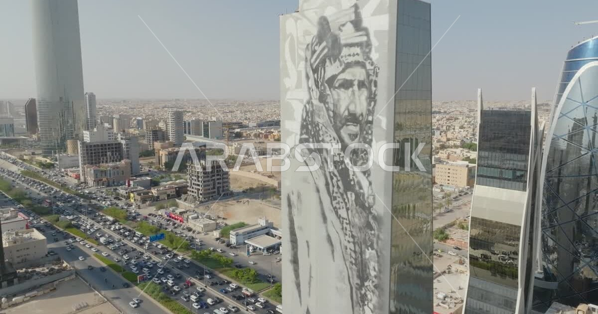 A mural of King Abdulaziz on the Al-Hadab Tower in Riyadh, towers and ...