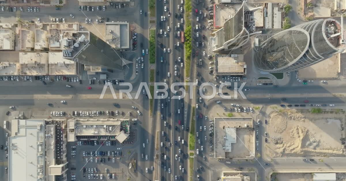 Traffic and cars on King Fahd Road, drone aerial photography of the ...