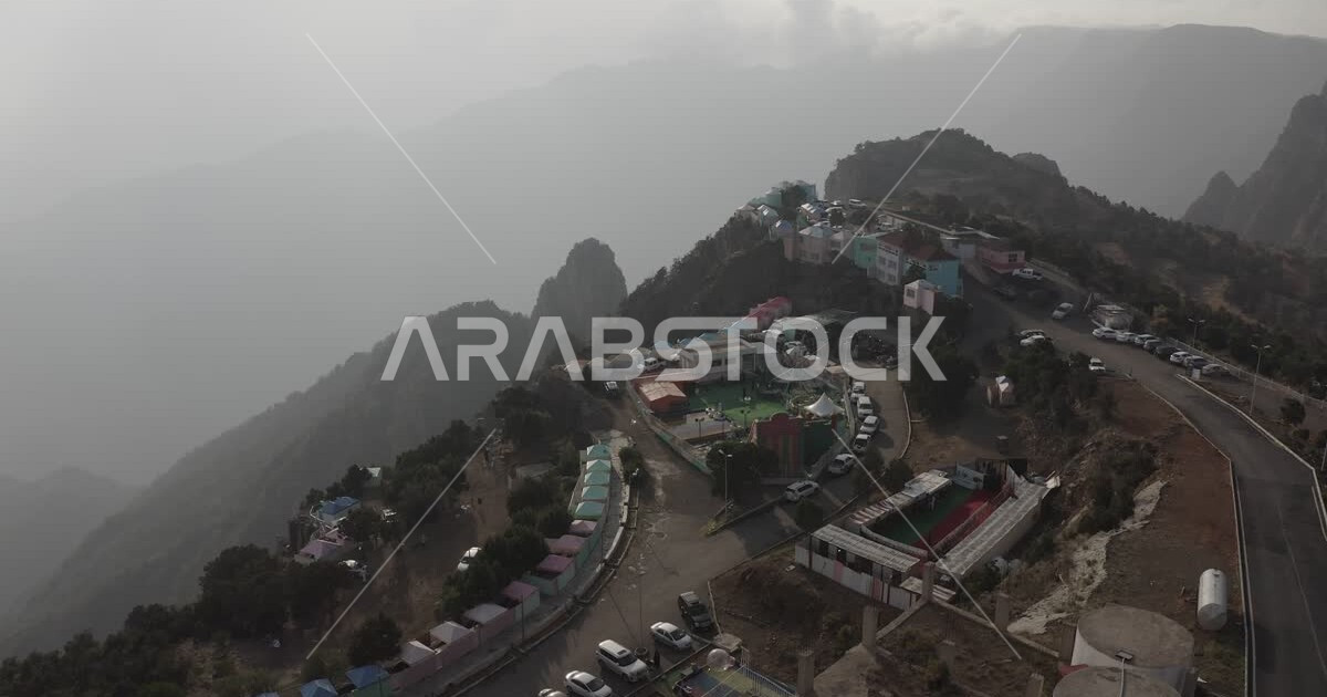Residential houses in the mountains of Abha, roads and streets in the ...