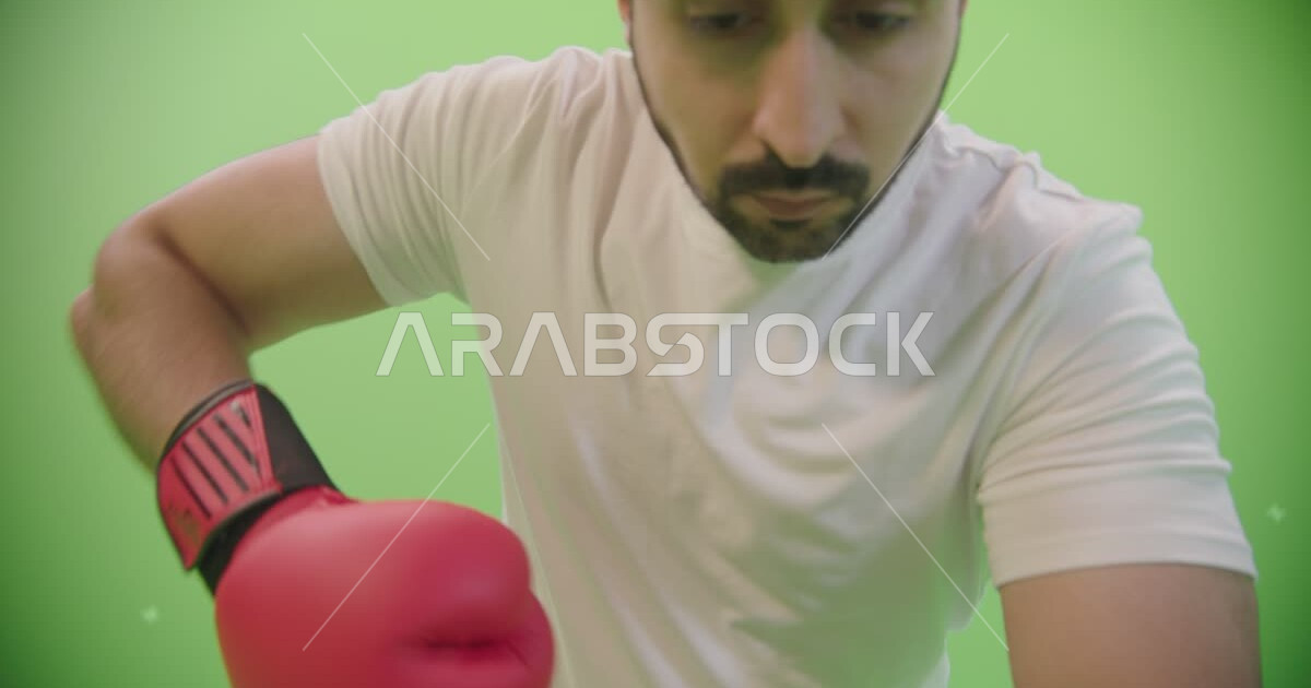 Close-up photography of a Saudi Arabian Gulf boxer wearing boxing ...