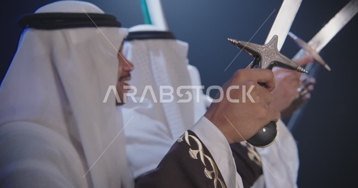 Folk songs and dancing with swords on national holidays, close-up ...