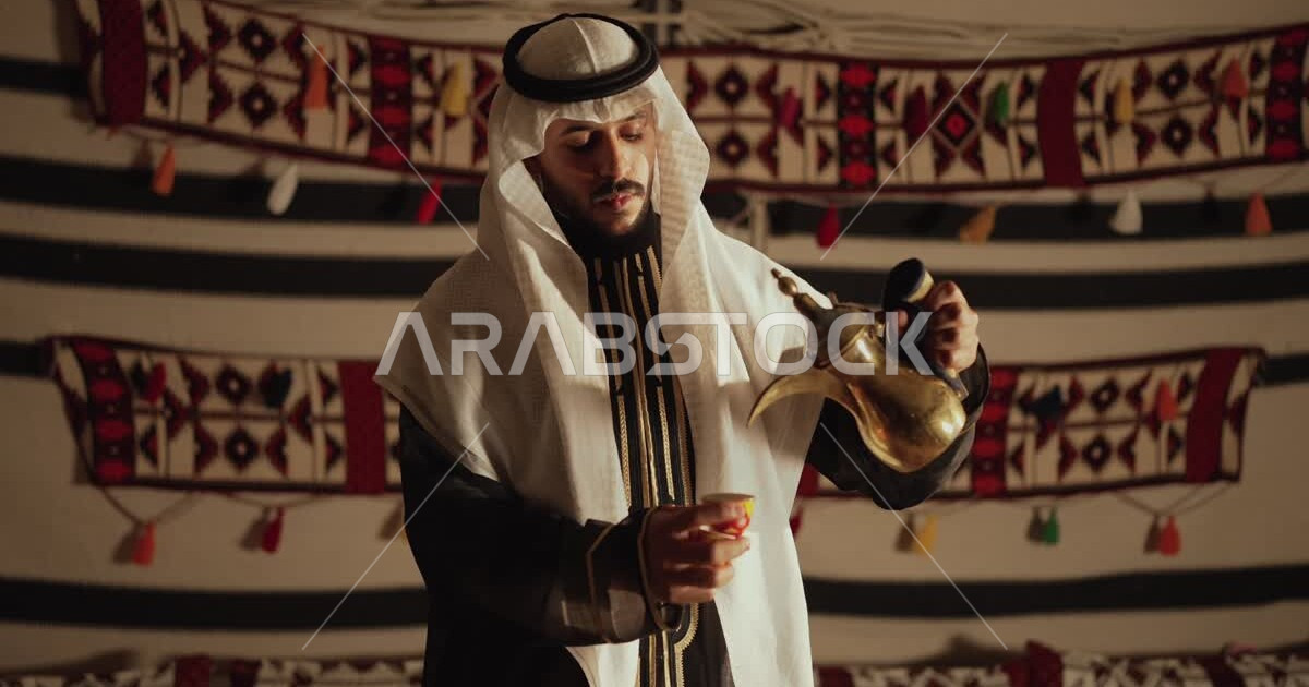 Authentic Saudi customs and traditions in serving Arabic coffee, the ...