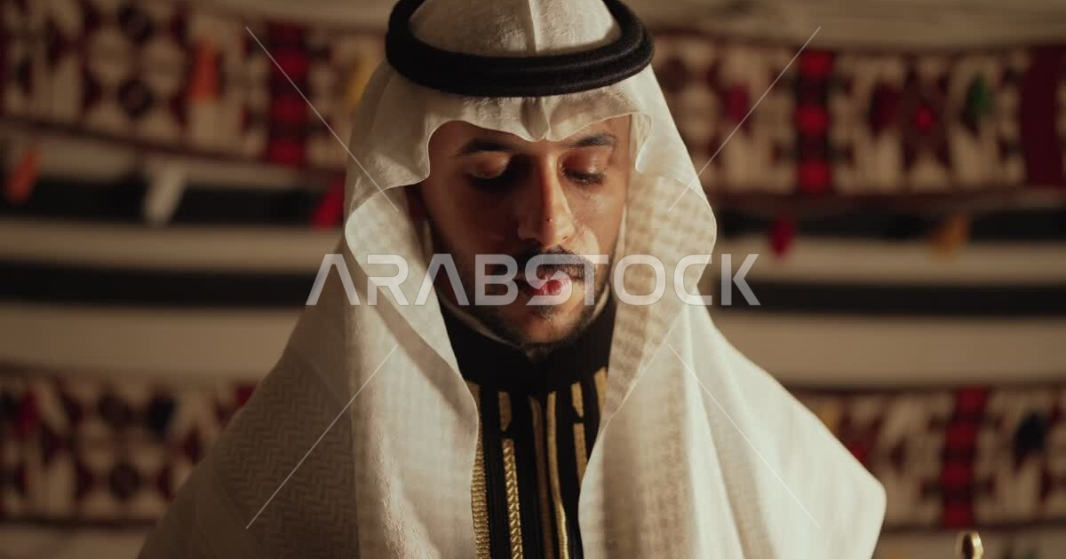 Authentic Saudi customs and traditions in serving Arabic coffee, the ...