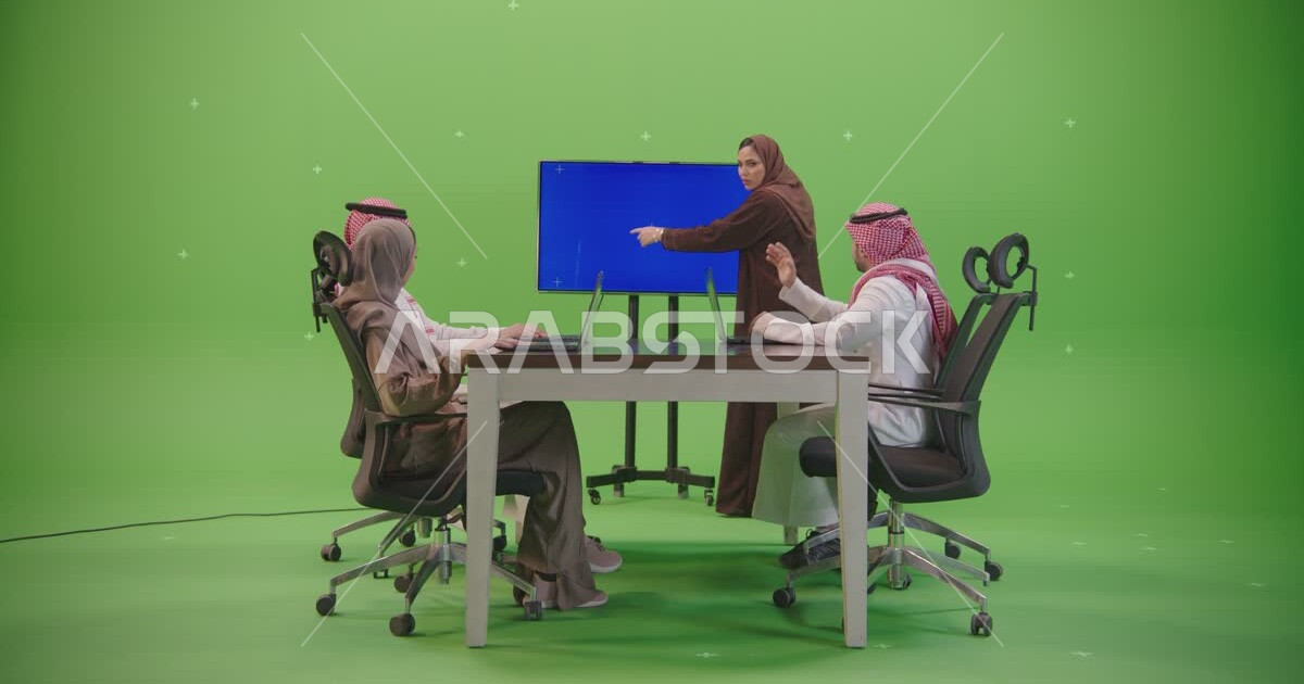 Explaining and discussing the project in the meeting room, a group of ...