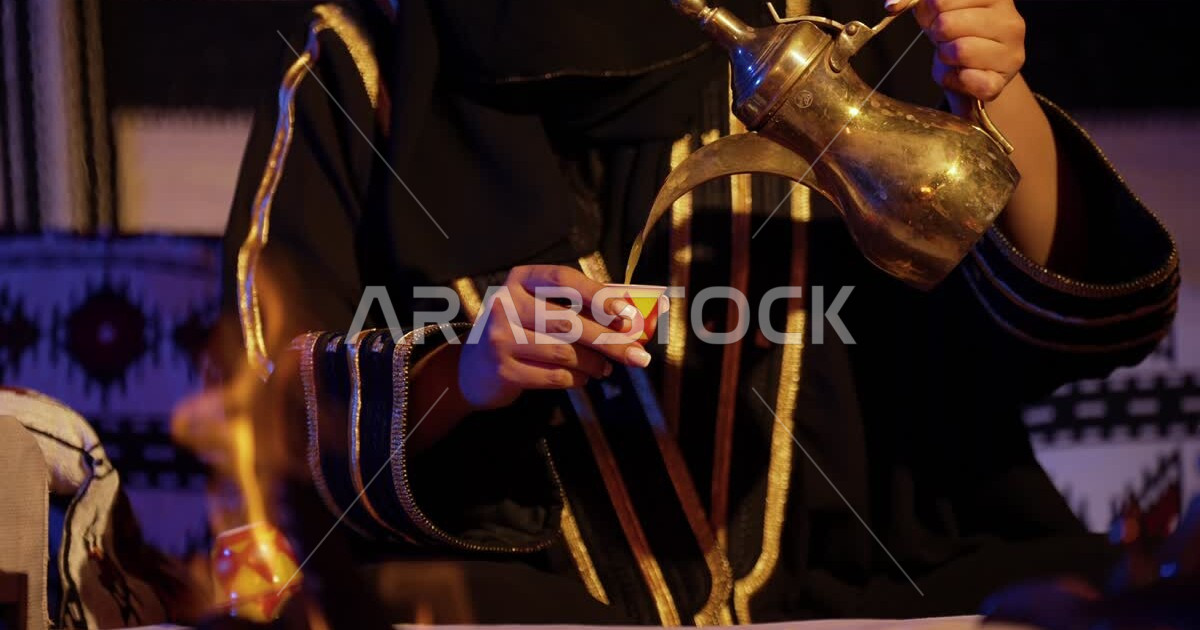 Authentic Saudi customs and traditions in serving Arabic coffee, the ...