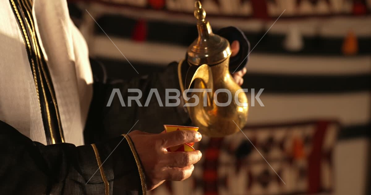 Authentic Saudi customs and traditions in serving Arabic coffee, the ...