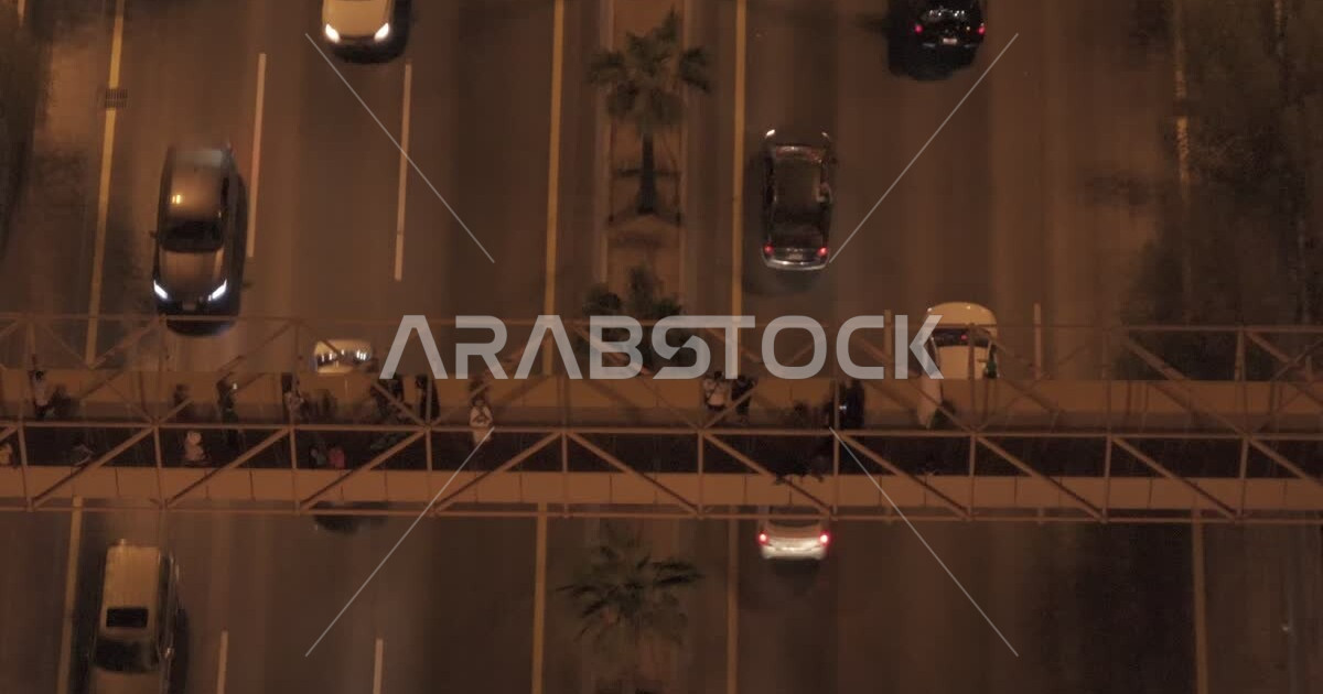 Drone photography of car traffic in the streets of Riyadh at night ...