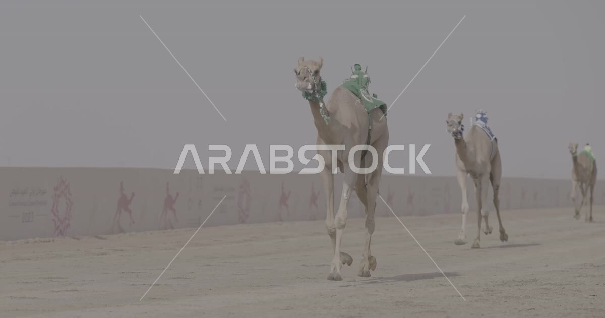 A group of camels running on the race track, competing and challenging ...