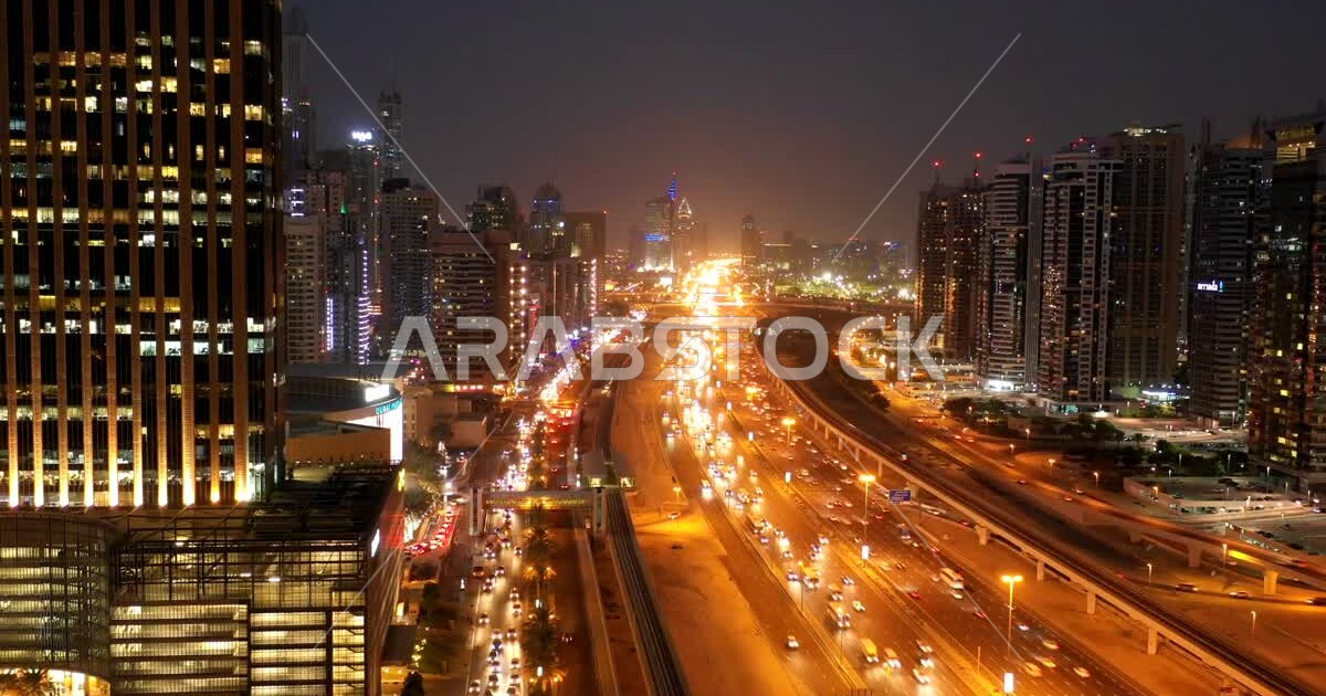 HyperLabs for car traffic in the city of Dubai at night, buildings ...