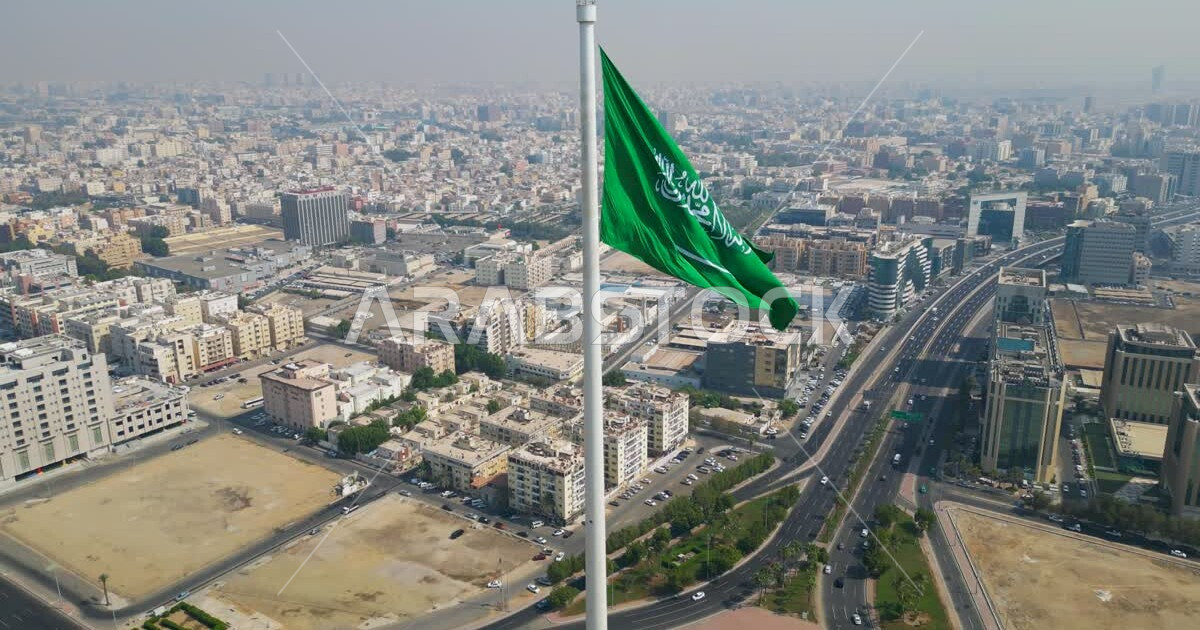National Day, September 23, Drone photography of the Saudi flag flying ...